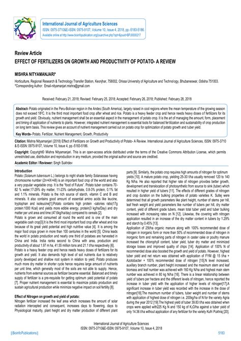 Pdf Effect Of Fertilizers On Growth And Productivity Of Potato A Review