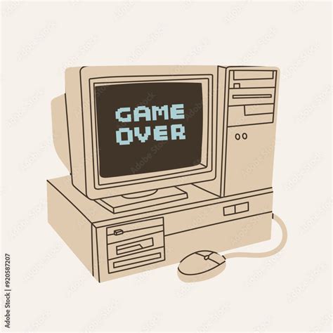 Retro Vintage Computer Old Pc Game Over Text On Monitor Screen Old Style Technology Hand