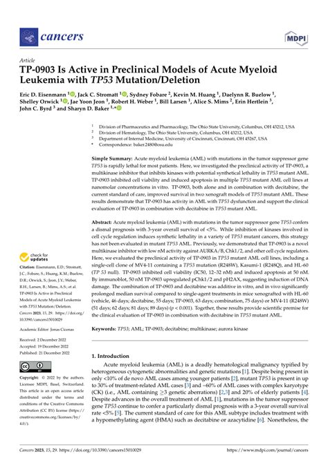 Pdf Tp 0903 Is Active In Preclinical Models Of Acute Myeloid Leukemia With Tp53 Mutationdeletion