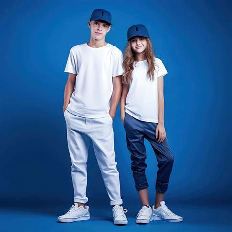 파란색 모자를 쓴 두 사람은 보라색 배경에서 격리된 사진 티셔츠 모형을 위한 세련된 포즈를 취합니다 프리미엄 Ai 생성 이미지