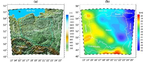 a the terrain elevation model and b the moho depth model used to define