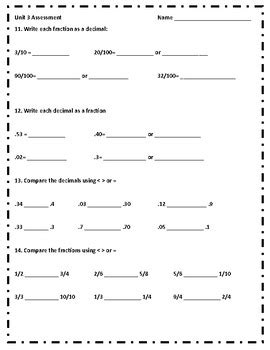 Fraction And Decimal Assessment MD NF NF NF NF