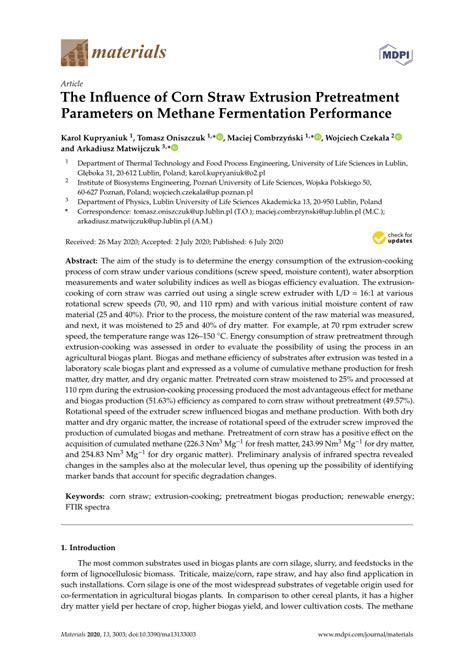 Pdf The Influence Of Corn Straw Extrusion Pretreatment Parameters On Methane Fermentation