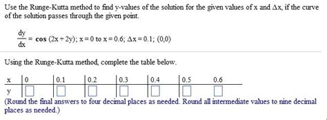 solved use the runge kutta method to find y values of the
