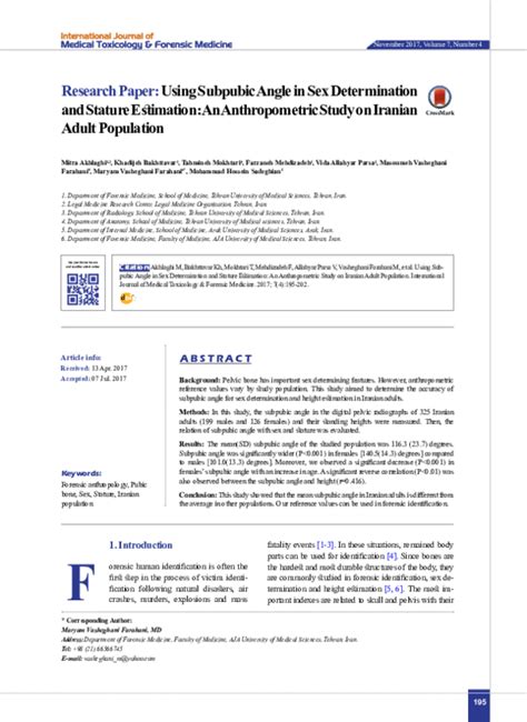 Pdf Research Paper Using Subpubic Angle In Sex Determination And Stature Estimation An