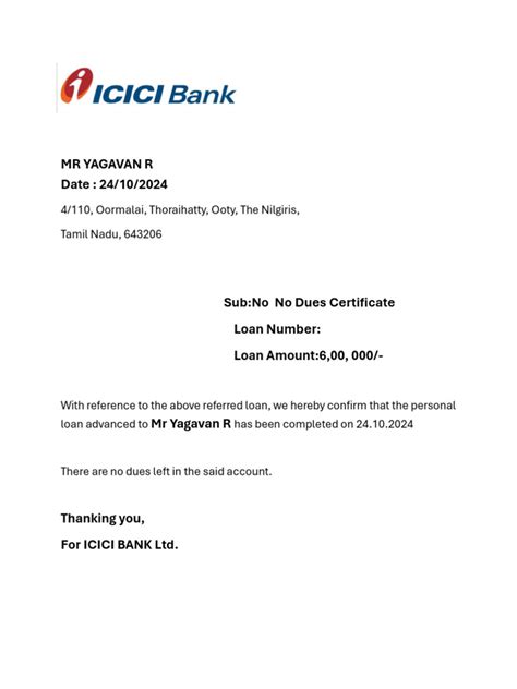 Loan Closure Confirmation For Mr Yagavan R Pdf