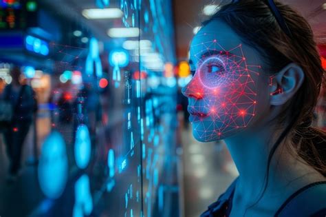 Premium Photo Woman Interacting With Facial Recognition Technology In