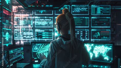 Futuristic Scene Of A Female Programmer Coding At Night With Holograms