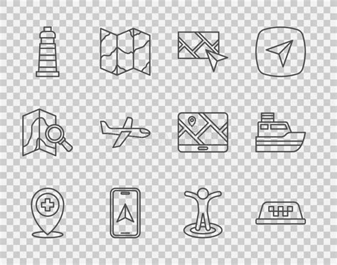 Set Line Location With Cross Hospital Taxi Car Roof City Map Navigation Lighthouse Plane
