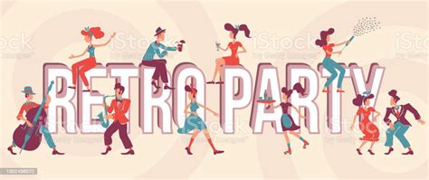 복고풍 파티 단어 개념 플랫 벡터 배너 구식 40 년대 스타일 작은 만화 캐릭터와 고립 된 타이포그래피 1950 년대 음악과 빈티지 색상 배경에 창조적 인 일러스트를 춤