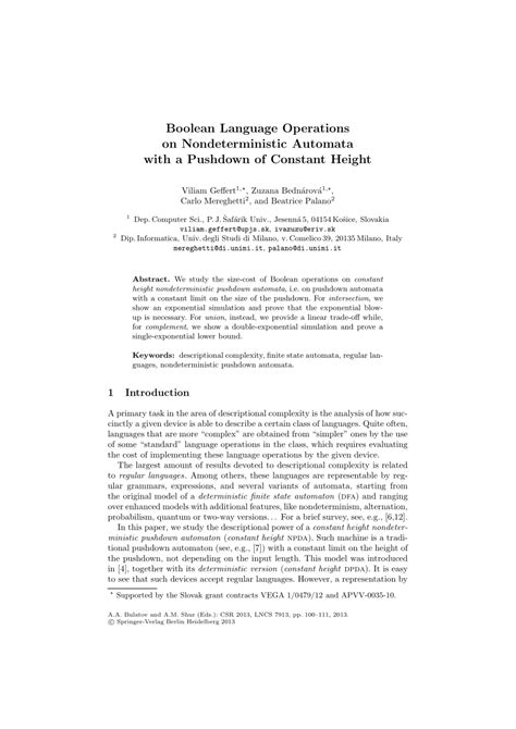 Pdf Boolean Language Operations On Nondeterministic Automata With A Pushdown Of Constant Height