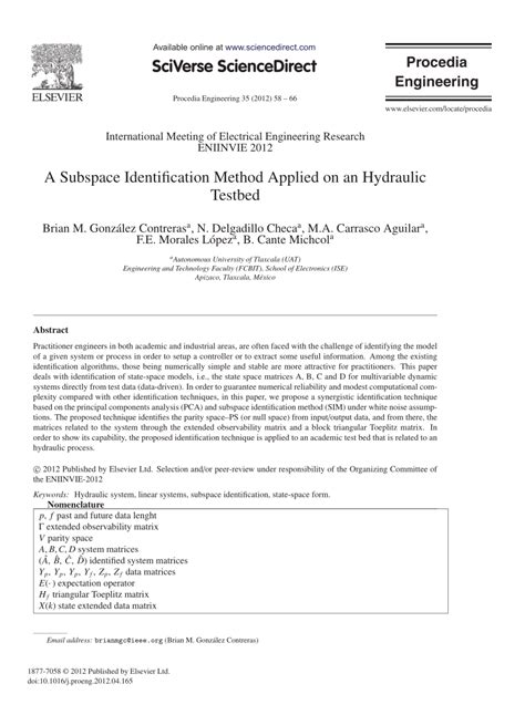 Pdf A Subspace Identification Method Applied On An Hydraulic Testbed
