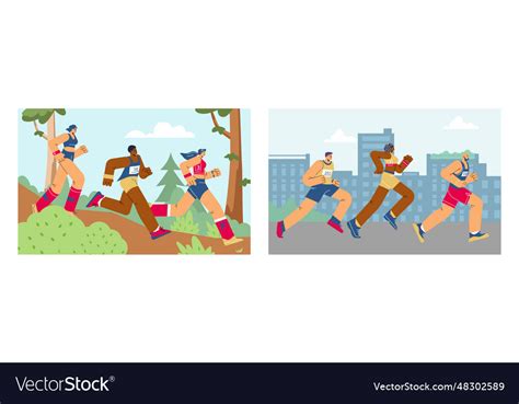 Marathon Runners On Cityscape And Off Road Vector Image