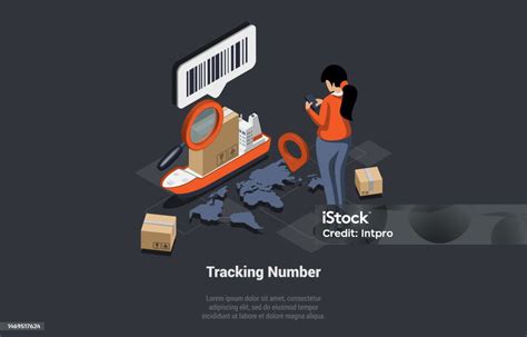 추적 번호 우편 서비스 추적 및 소포 현지화의 개념 택배 응용 프로그램으로 스마트폰에서 해상 소포 상태 현지화를 확인하는 소녀 아이소메트릭 3d 벡터 일러스트 레이 션