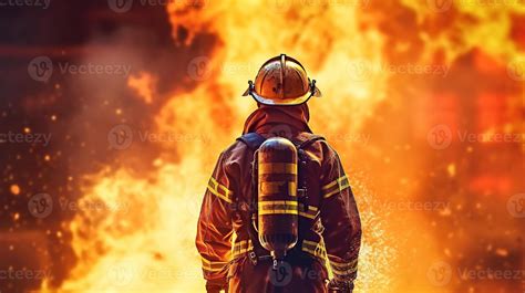 Firefighter Works In Burning Building Fireman On Flame Background