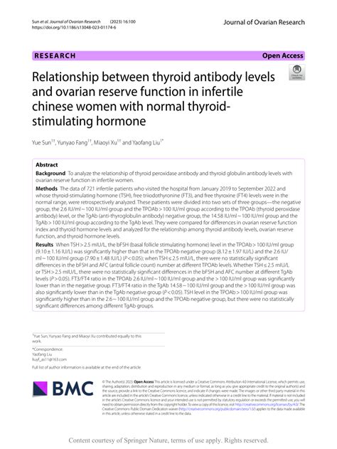 Pdf Relationship Between Thyroid Antibody Levels And Ovarian Reserve Function In Infertile
