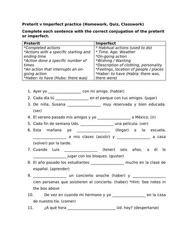 Preterit V Imperfect Practice Homework Quiz Classwork Teaching