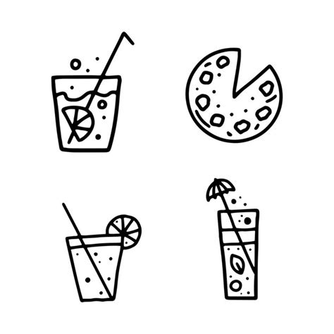 청량 음료의 고립 된 벡터 이미지의 집합입니다 간단한 스낵 칵테일 주스 피자 프리미엄 벡터