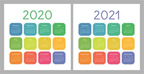 달력 2020 2021 정사각형 벡터 캘린더 디자인 템플릿입니다 영어 다채로운 세트입니다 주일요일에 시작됩니다 연말연시 0명에 대한 스톡 벡터 아트 및 기타 이미지 Istock