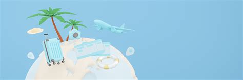 관광 개념 광고 웹 여행 관광 여행 계획 세계 여행 가방과 비행기와 수하물 연한 파란색 배경에 티켓에 대한 템플릿 3d 렌더링