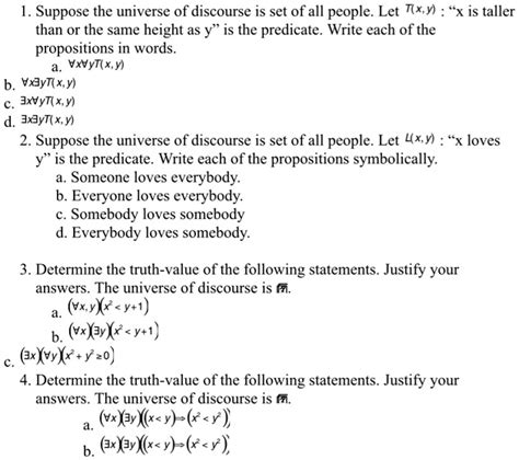 solved suppose the universe of discourse is set of all people let tx