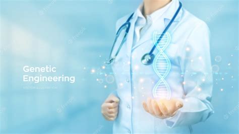 Dna 시퀀스 와이어 프레임 Dna 분자 구조 메쉬 의사가 Dna 코드를 손에 들고 유전 공학 과학 및 기술 개념 벡터 일러스트 레이 션 프리미엄 벡터