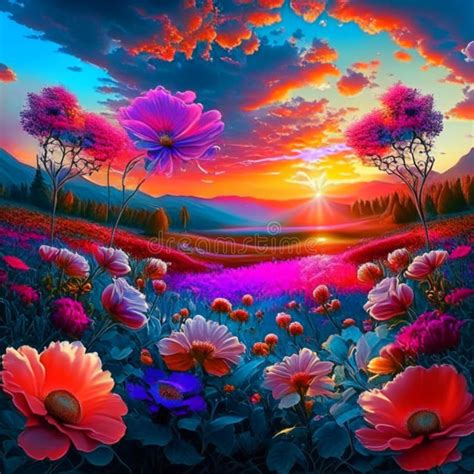 Sunset Over A Field Of Flowers 3d Render Illustration Generative Ai