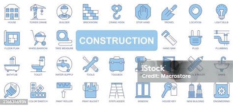 웹에 대 한 Duotone 외곽선 획 디자인에 설정된 구성 아이콘 집 타워 크레인 건축업자 벽돌 세공 후크 흙손 위치 계획 수레 플러그 기타의 팩 상형문자 벡터 일러스트