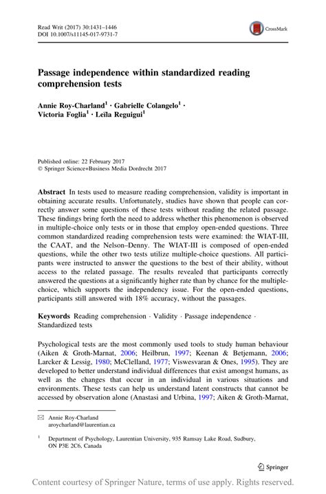 Passage Independence Within Standardized Reading Comprehension Tests Request Pdf