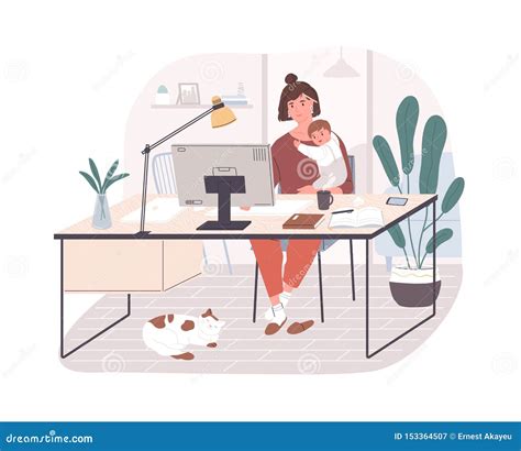 Cute Happy Mother Holding Her Infant Baby Sitting At Desk And Working