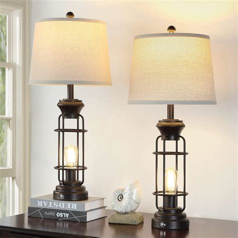 Farmhouse Table Lamp 23 Rustic Table Lamp Set Of 2 With Night Light