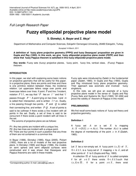 Pdf Fuzzy Ellipsoidal Projective Plane Model