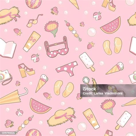 패턴 여름 속성 볼 아이스크림 나비 우산 모자 Spf 50 크림 책 수영복 수박 딸기 사진 신발 샌들 안경 케밥 무당 벌레 벡터 그림입니다 개념에 대한 스톡 벡터 아트 및