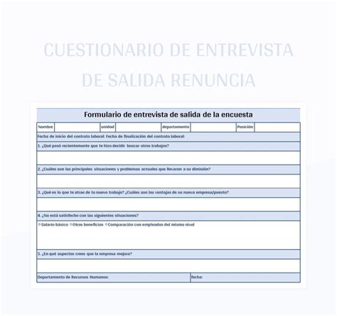 Plantilla De Formato Excel Cuestionario De Entrevista De Salida Para