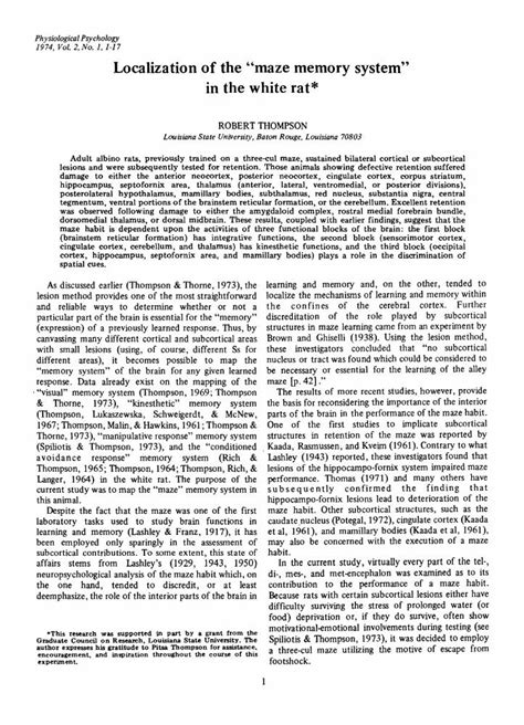 Pdf Localization Of The Maze Memory System In The White Rat · Experiment Learning And Memory