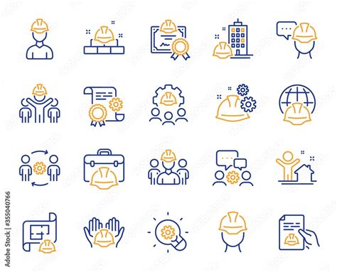 Engineering Line Icons Teamwork People And Technical Documentation