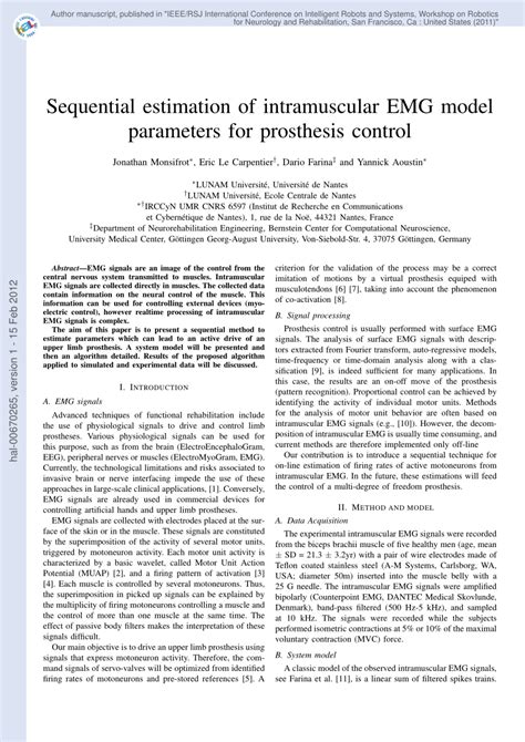 Pdf Sequential Estimation Of Intramuscular Emg Model Parameters For Prosthesis Control