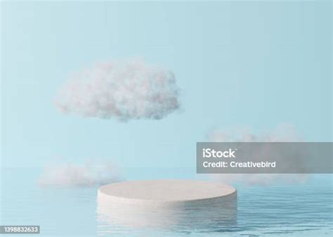 푸른 배경에 구름과 함께 물 속에 서있는 연단 제품 화장품 프리젠 테이션을위한 아름다운 모형 미용 제품을위한 받침대 또는 플랫폼 빈 장면 무대 3d 렌더링 구름에 대한 스톡