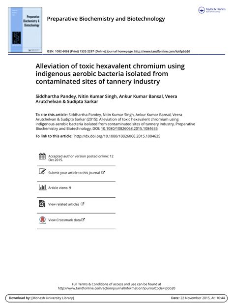 Pdf Alleviation Of Toxic Hexavalent Chromium Using Indigenous Aerobic Bacteria Isolated From