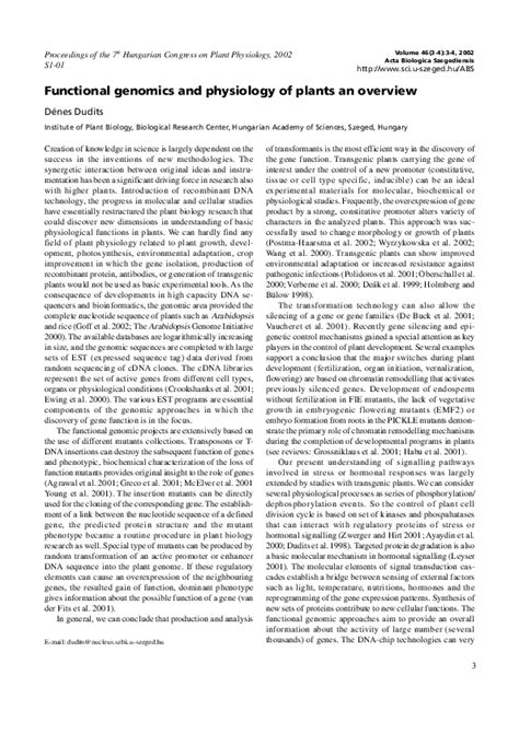 Pdf Functional Genomics And Physiology Of Plants An Overview Dénes Dudits