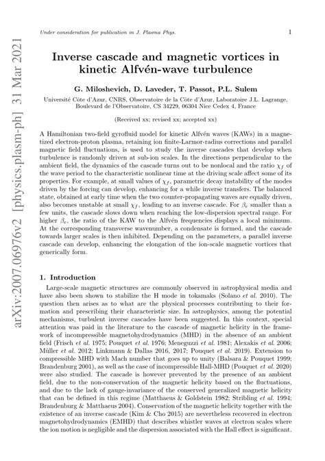 Pdf Inverse Cascade And Magnetic Vortices In Kinetic Alfvén Wave Turbulence
