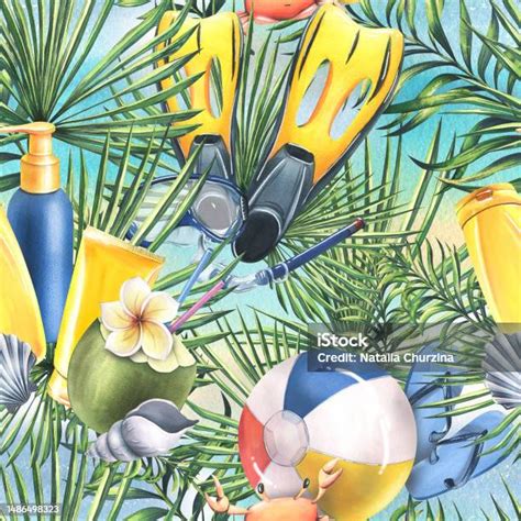 열대 해변 여름 이음매 없는 패턴 오리발 비치볼 선크림 야자수 잎 게로 밝습니다 수채화 그림 손으로 그린 직물 섬유 포장 인쇄용 게에 대한 스톡 벡터 아트 및 기타 이미지