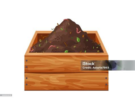 나무 상자에 퇴비를 위한 유기 토양 더미 정원 재활용 천연 쓰레기 지렁이와 생분해성 쓰레기 벡터 일러스트 레이 션 상자에 대한