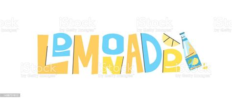 여러 가지 빛깔의 레터링 레모네이드 이모나데 한 병과 레몬 한 조각의 그림 노란색과 파란색 톤의 플랫 스타일 비문 소다에 대한