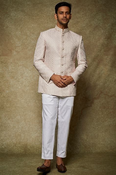 Light Pink Jacquard Embroidered Jodhpuri Set Design By Nero By Shaifali