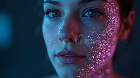 A Digital Face Fragmenting Into Glowing Data Particles Stock