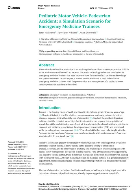 Pdf Pediatric Motor Vehicle Pedestrian Accident A Simulation Scenario For Emergency Medicine