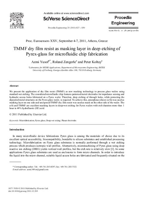 Pdf Tmmf Dry Film Resist As Masking Layer In Deep Etching Of Pyrex Glass For Microfluidic Chip