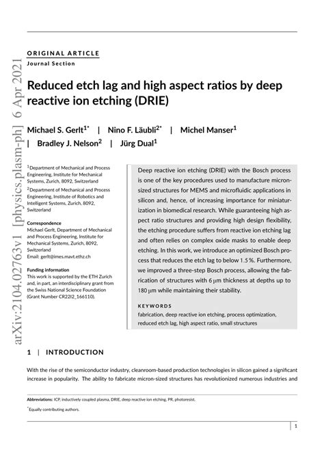 Pdf Reduced Etch Lag And High Aspect Ratios By Deep Reactive Ion