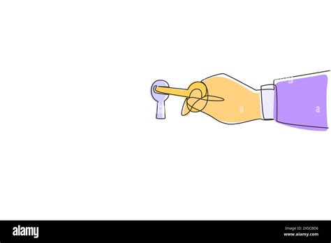 Single Continuous Line Drawing Key In Hand Holds Man Open The Door